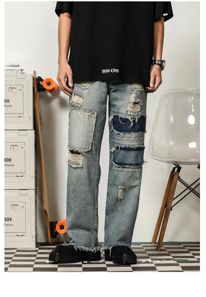Summer American Loose Jeans Fashion Hole Patch Pants High Street Retro ...