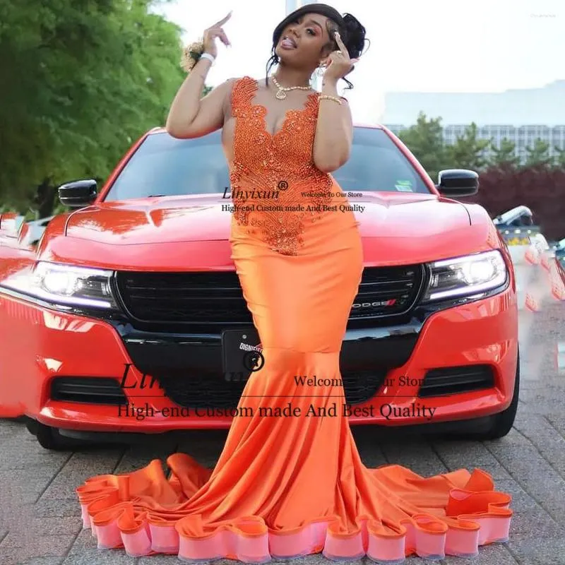 Glittery Orange Mermaid Orange Mermaid Prom Dresses With Silver Beaded ...