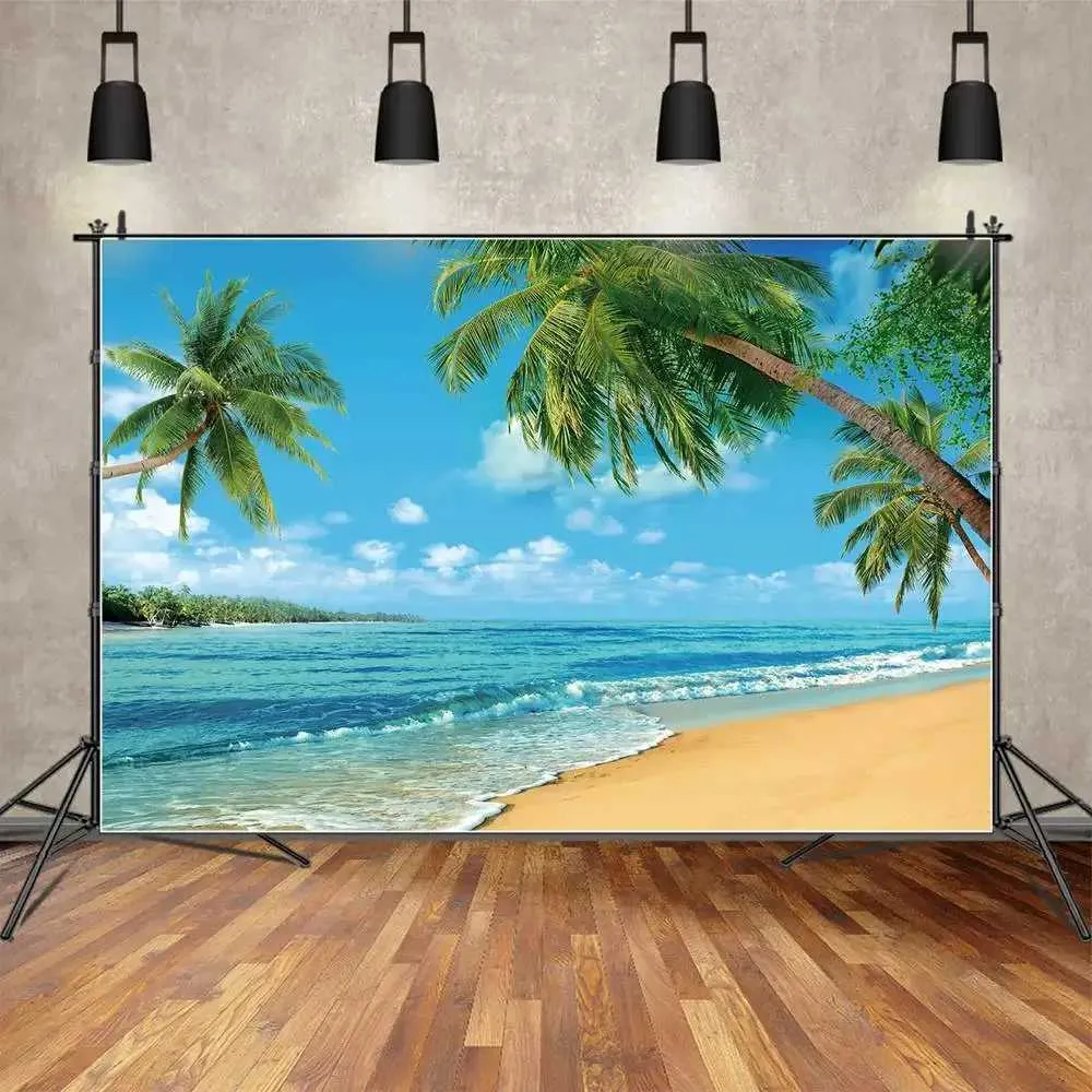 Blue Ocean Beach Backdrop - Sunset Tropical Palm Tree Wave Sand Photo ...