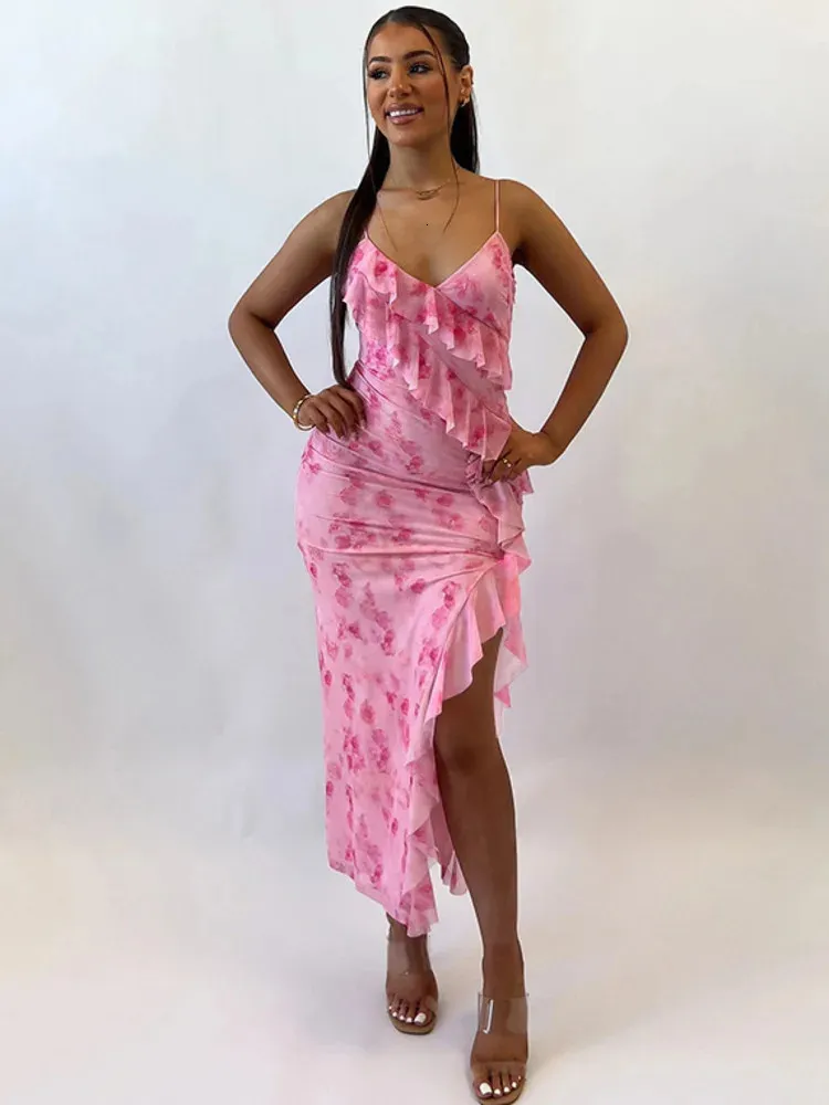 Mozision Spaghetti Strap Ruffle Long Dress Women V Neck Sleeveless High ...