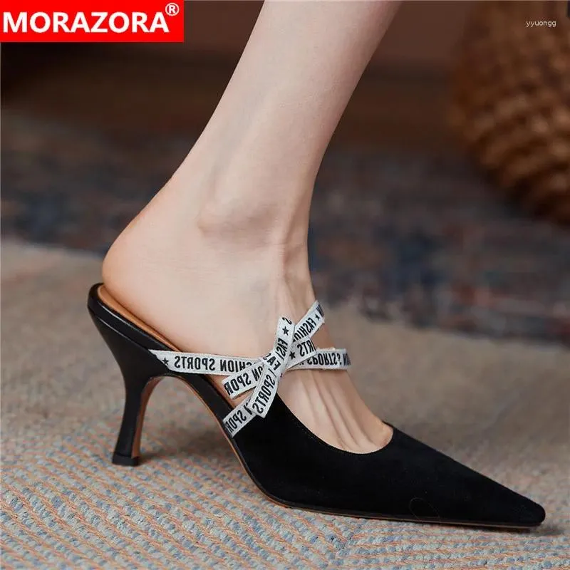 MORAZORA 2024 Suede Leather Pointed Toe Stiletto High Heel Mules Shoes Womens Summer Party ...