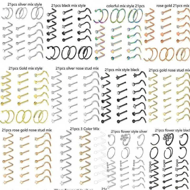 DHgate.com:21 Piece Stainless Steel Nose Ring Set - Heart Crystal, L ...