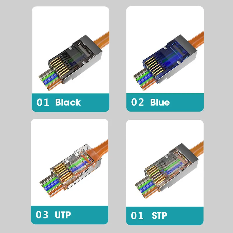 Cat6 RJ45 Modular Plug Pass Through Connectors, Assorted Colors, STP ...