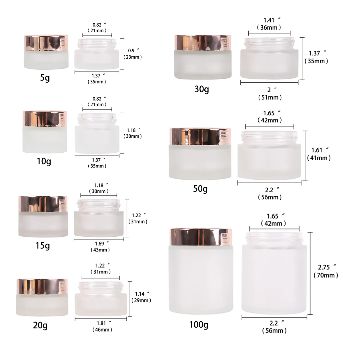 6/Frosted Glass Cosmetic Jars with Rose Gold Lids - 5g to 100g Empty ...