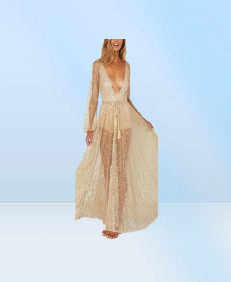 Gold Sequin Cover Up Dress - Rhinestone Mesh Maxi, V Neck Beach Dress ...