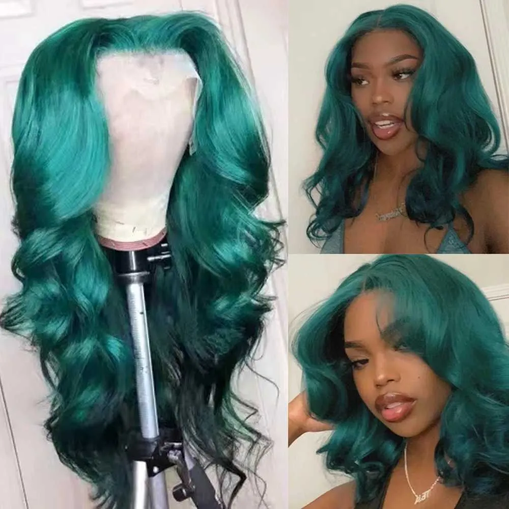 WIF Jade Green Synthetic Lace Front Wigs Long Wavy Heat Resistant Fiber ...