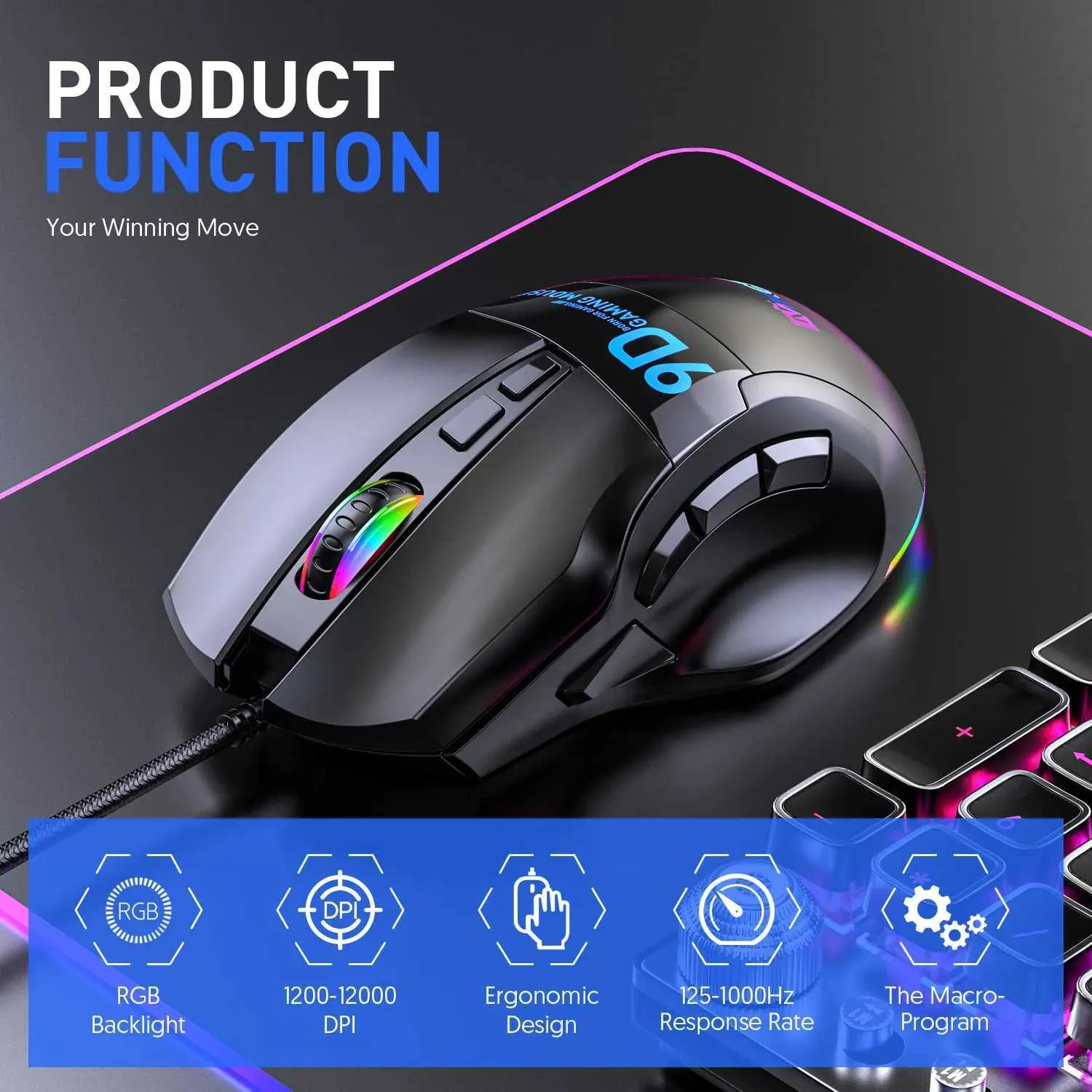 Programmable Macro RGB Best Bluetooth Gaming Mouse With 12000 DPI, 9 ...