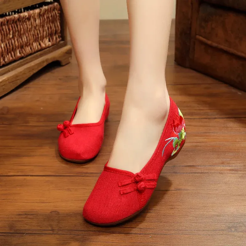 Womens Ballet Flats Cotton Fabric Embroidered Slip-On Ballerina Shoes ...