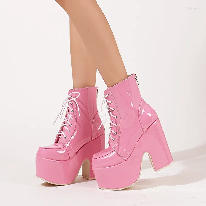 Aneikeh 2024 Sexy Punk High Heel Lace Up Platform Chunky Heel Boots ...