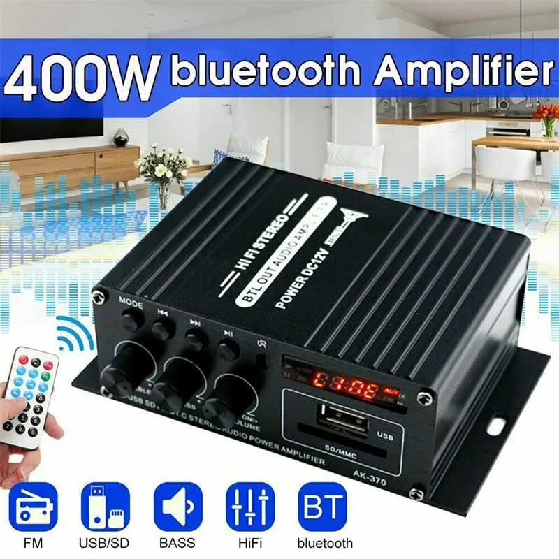 AK 370 HIFI Digital Stereo Audio Power Amplifier 2 Channel 400W 12V FM ...