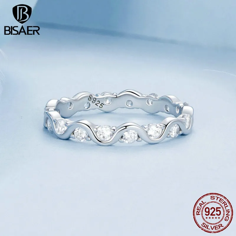 BISAER 925 Sterling Silver Wave-shape Ring Platinum Plated Simple Line ...