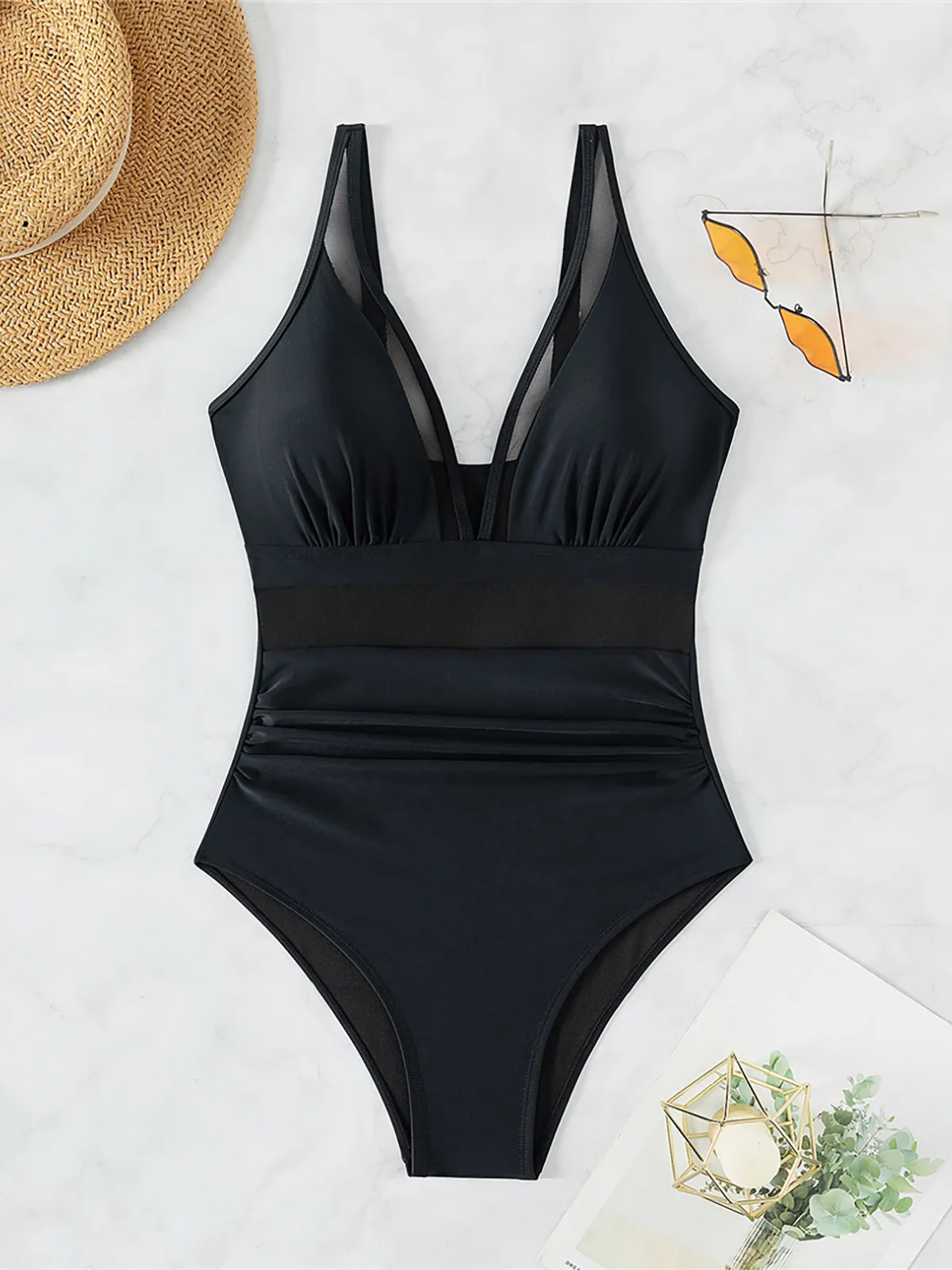 One Piece Mesh Sheer V Neck Women Swimwear High Leg Cut Monokini ...