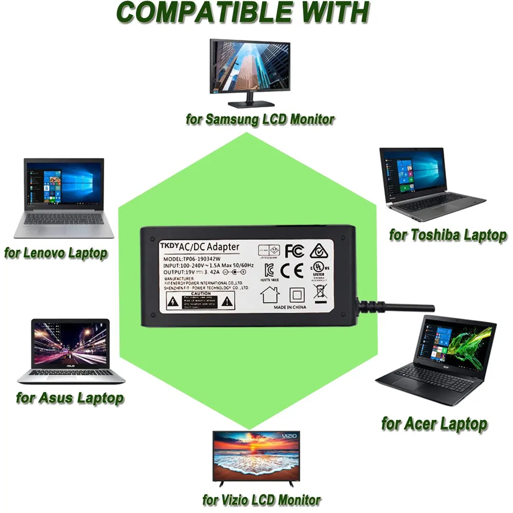 Universal 19V laptop power adapter Cord - 110-240V AC to DC Power ...