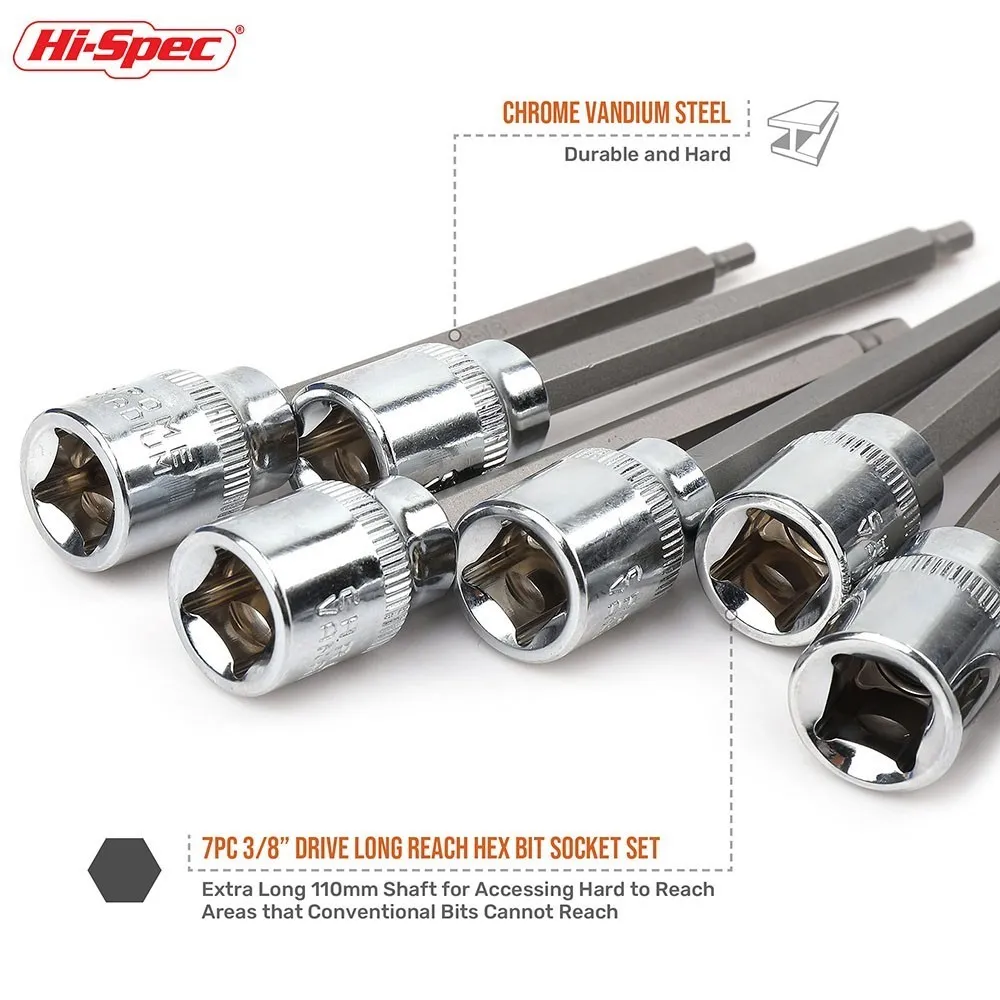 3/8 Extra Long Socket Set: Durable CR-V Steel Hand Tool Kit for Torx, Allen, Hex Bits from ...