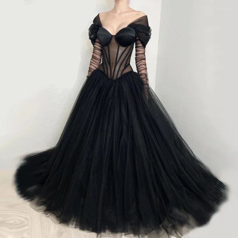 Elegant Off Shoulder A Line Black Tulle Prom Dress With See Through ...