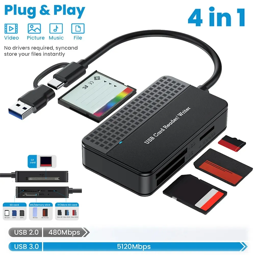 4 in 1 Card Reader USB 3.0 Type C Memory Card Reader SD TF CF MS Flash ...