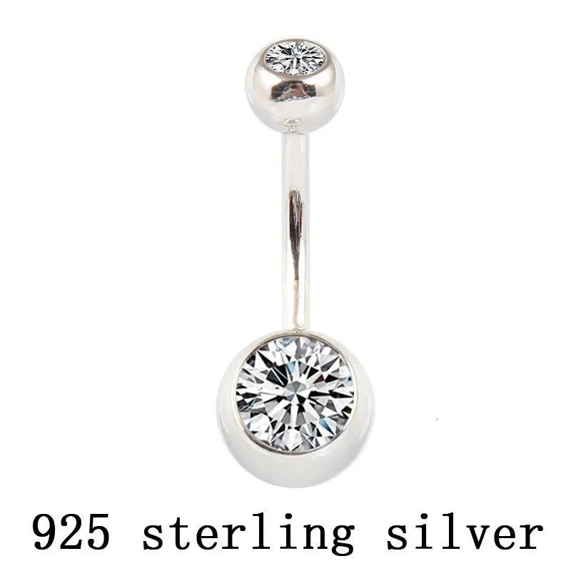 925 Sterling Silver Double Zircon Belly Button Ring With Ball Belly ...