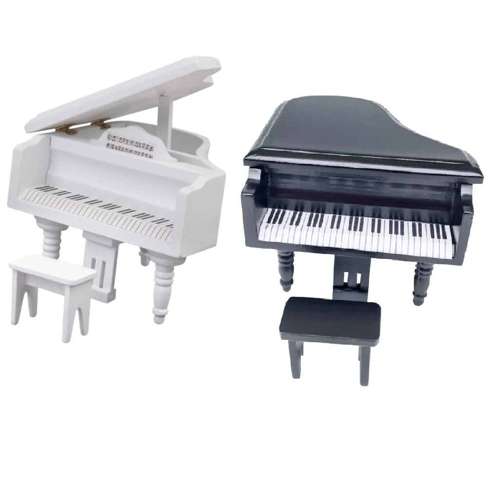 1/12 Dollhouse Miniature Wooden Grand Piano with Stool, Doll Room Decor ...