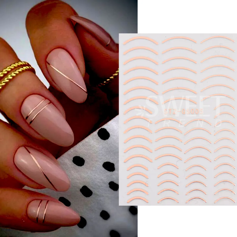 Rose Gold French Tips Nail Stickers, Silver Curve Stripe Lines Tape ...