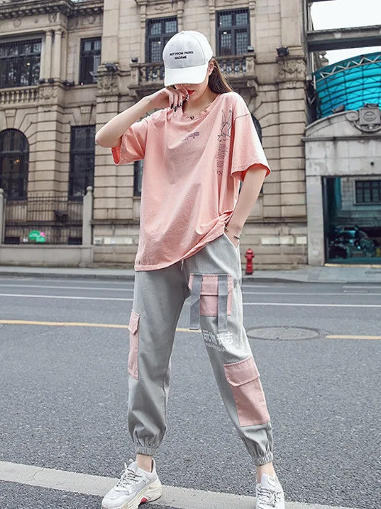 Womens Loose Short Sleeve Two-Piece Sweat Suit Set for Summer Leisure ...