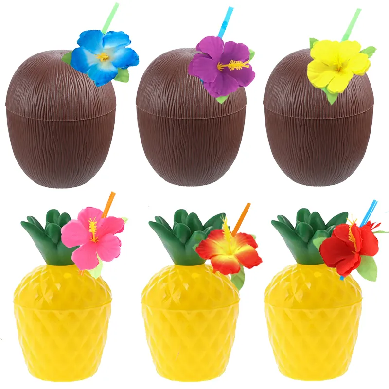 Tropical Luau Cups - 6-Piece Pineapple & Coconut Set! Beach Theme Cups ...
