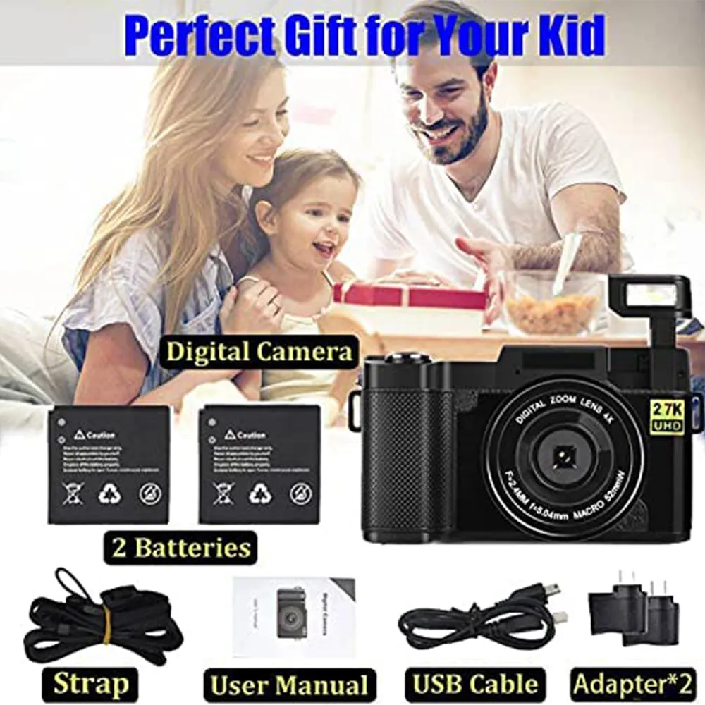 2.7K Full HD Digital Camera with Retractable Flash: 4x Zoom, EIS Video ...