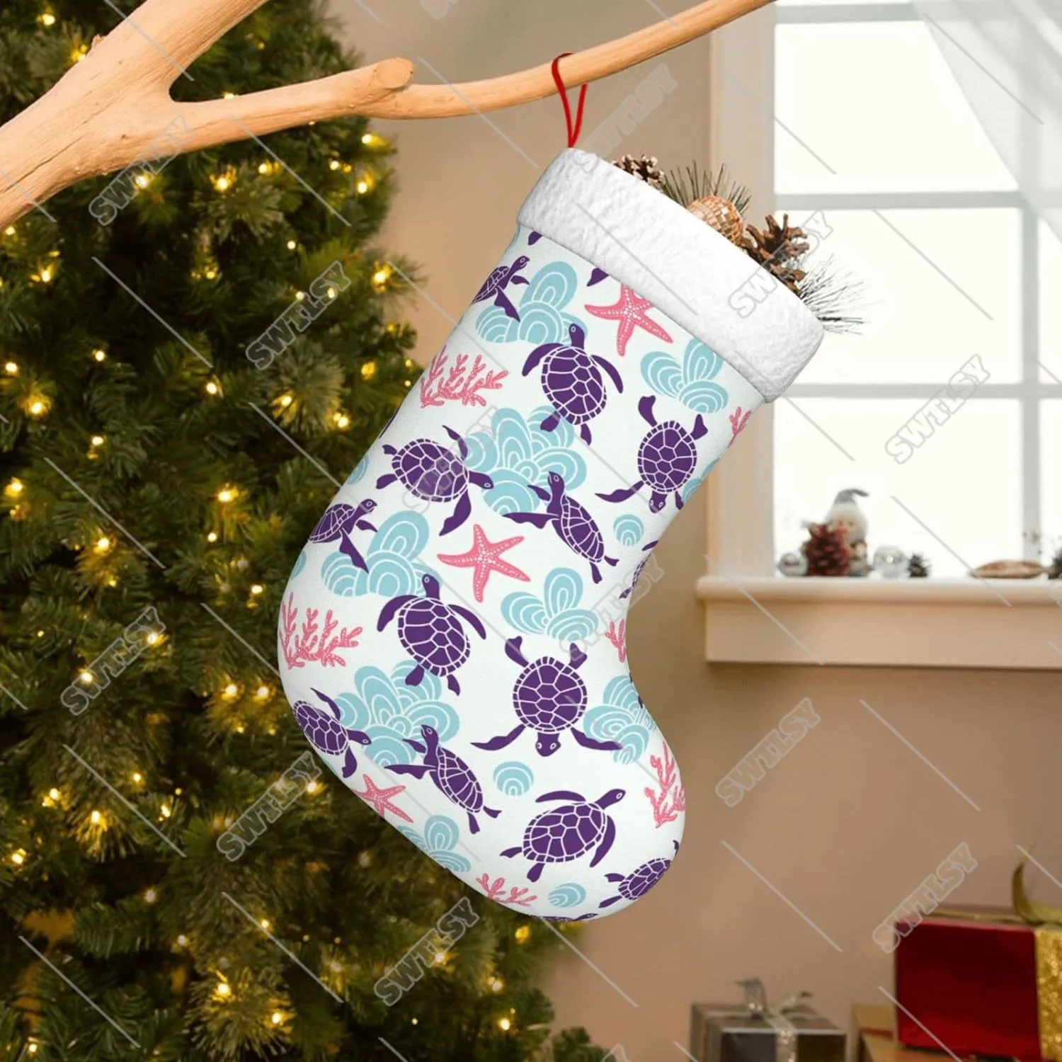 Sea Turtle Xmas Stockings: 18'' Plush Cuff Coral Fireplace Hanging ...