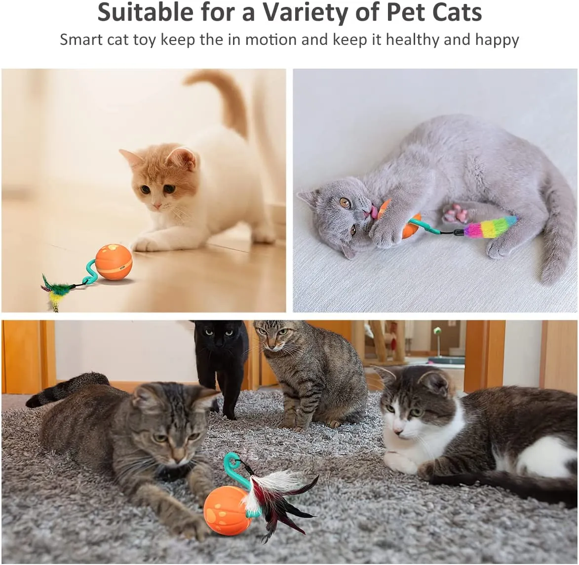 ATUBAN Cat Toy Smart Robotic Automatic Moving Ball with Feather for ...