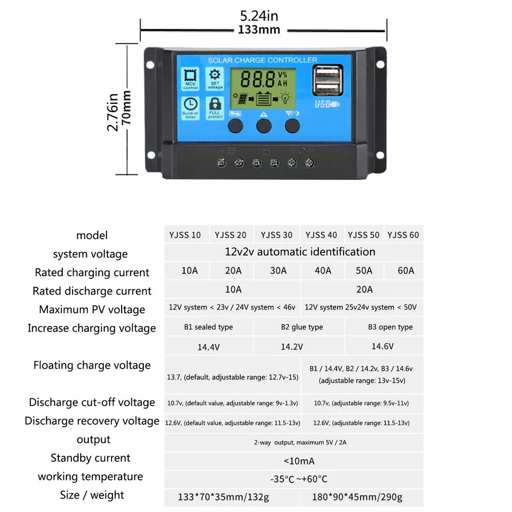 12V 24V Charge Controller 30A PWM Solar Panel Regulator Auto Dual USB ...