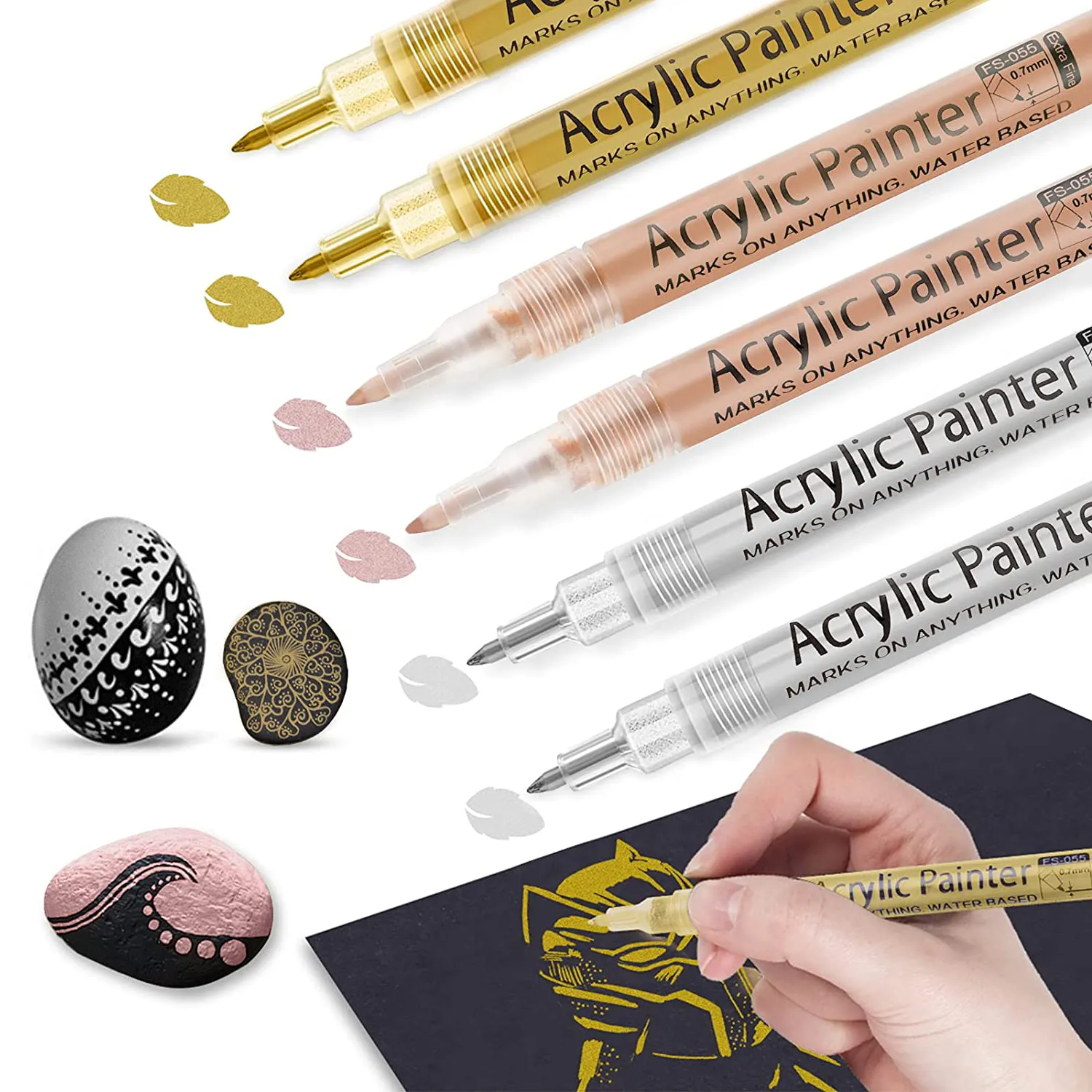 6 Pack 0.7mm Metallic Acrylic Paint Markers for Rocks, Crafts ...