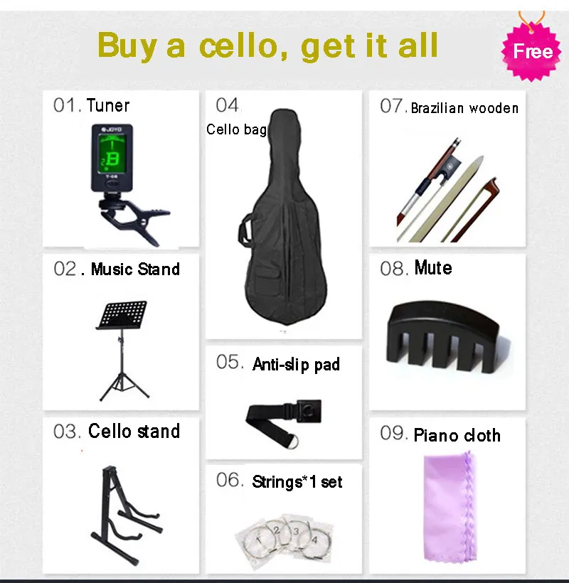 Solid wood cello with tiger pattern, 4/4 3/4 1/2 1/4 sizes for adult ...