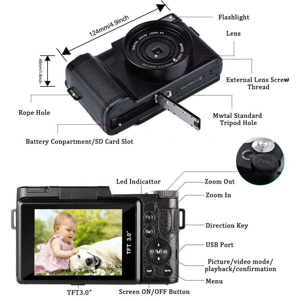 4K Rotatable Vlogging Camera, 24MP Digital Video Camera w/ Mic, Wide ...