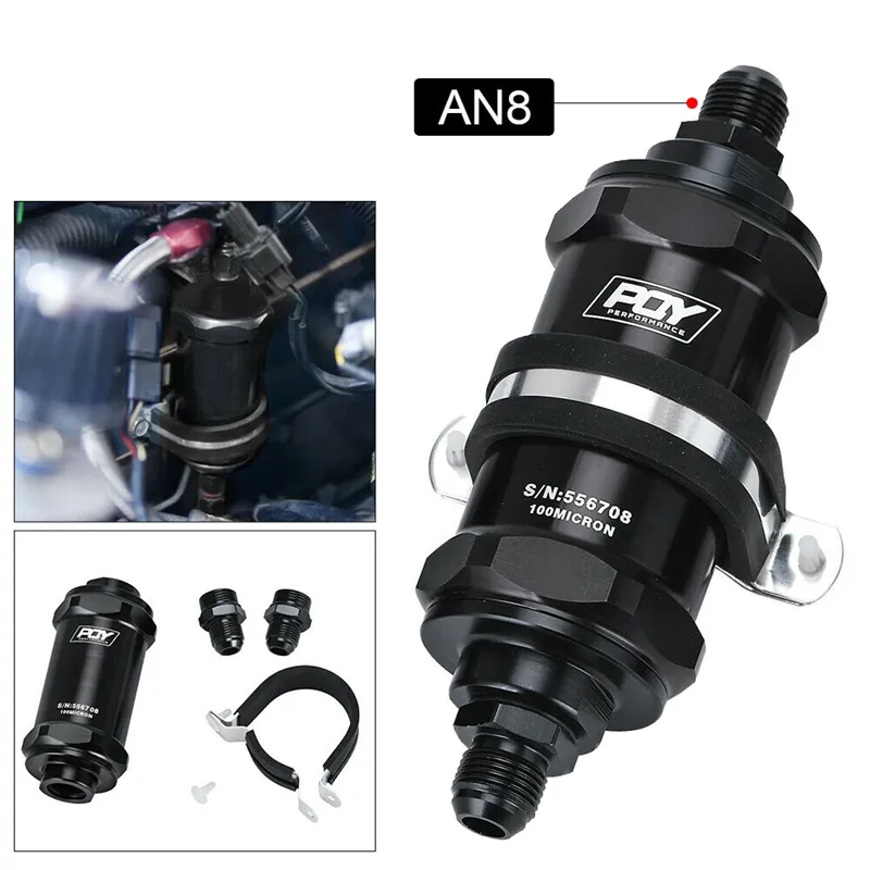 High-Flow E85 Ethanol Inline Fuel Filter - 8AN Inlet, 10AN Outlet, 100 ...