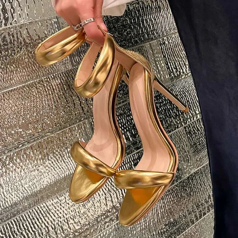 Women's Open Toe Gold High Heel Pointed Toe Lacquer Leather Sandals ...