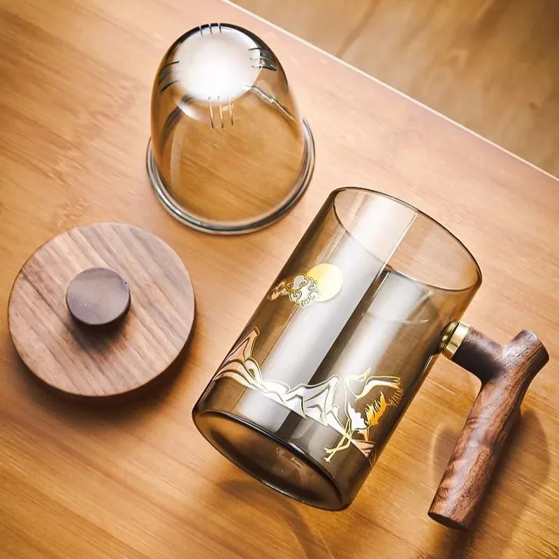 DHgate.com:Gold Trace Glass Tea Cup with Wooden Handle: Walnut Cup Lid ...