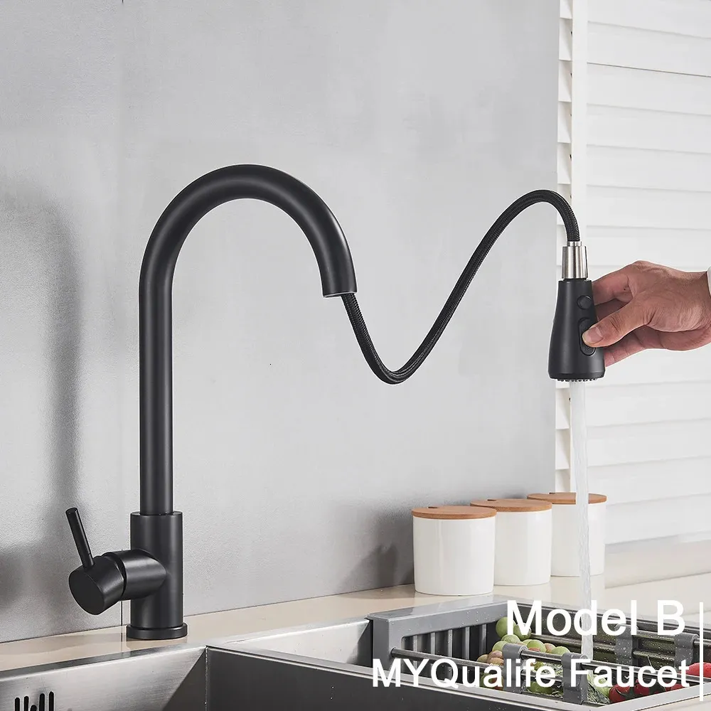 Black Pull Out Kitchen Sink Faucet Deck Mounted Stream Sprayer Mixer ...