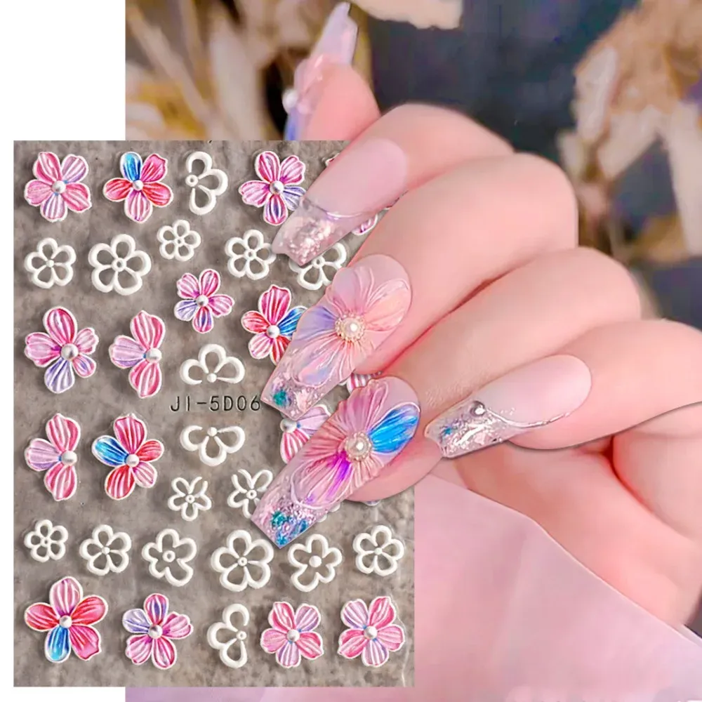 5D Flower Nail Art Stickers Acrylic Embossed Sliders with Gold Frame ...