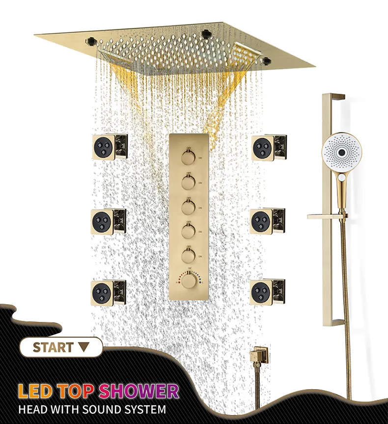 2 Brushed Gold Shower System Set w/ Embedded Music LED Showerhead, Body ...
