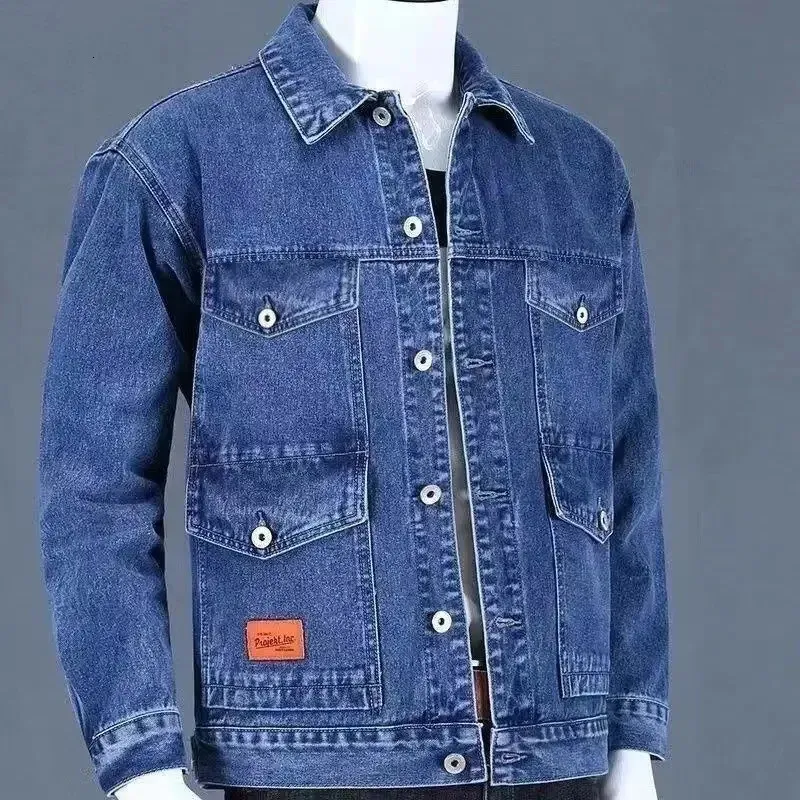 Men's Black Cargo Denim Jacket Long Jean Coat for Autumn Outwear from ...