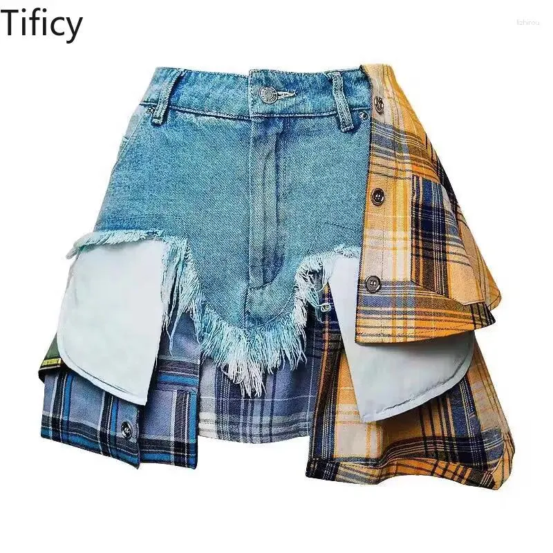 TIFICY Personalized Deconstruction Denim Women's Summer Irregular Plaid ...
