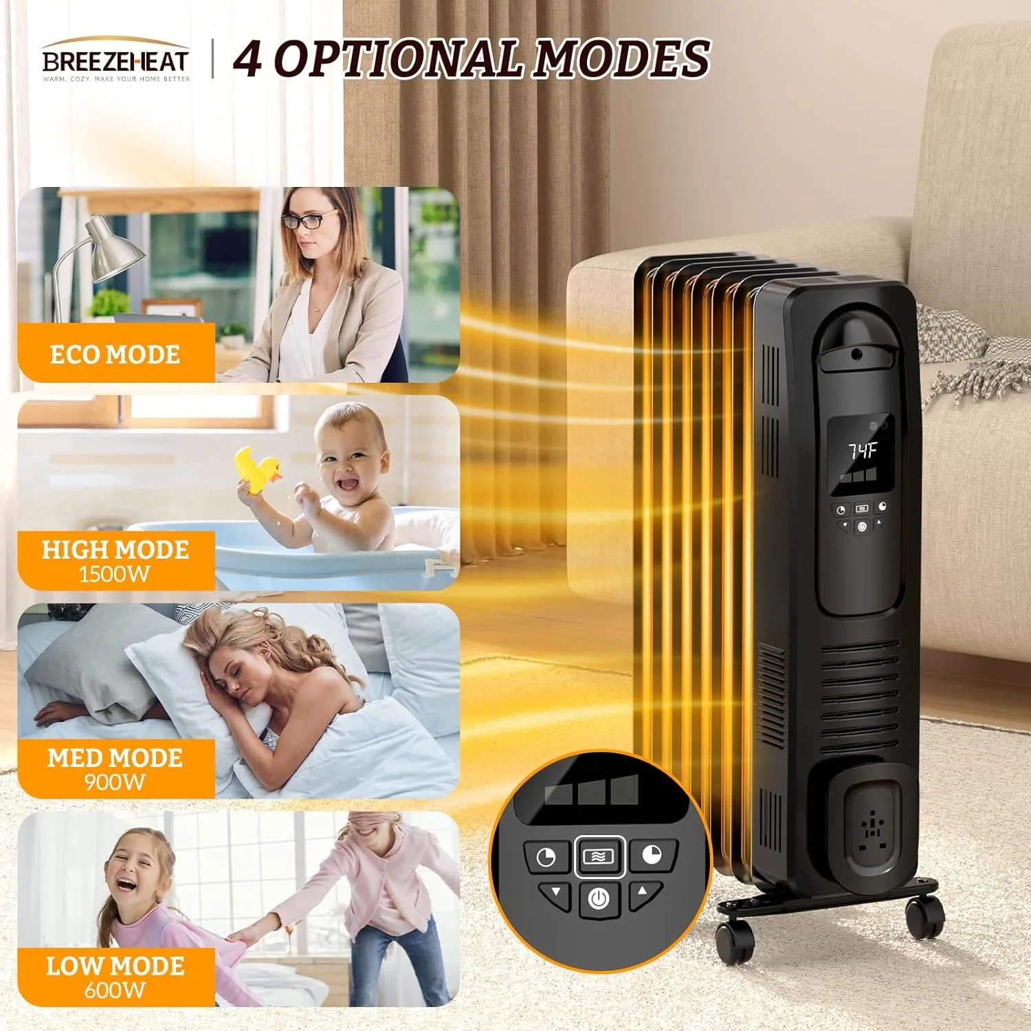 1500W Oil Filled Electric Radiator Space Heater With Adjustable ...