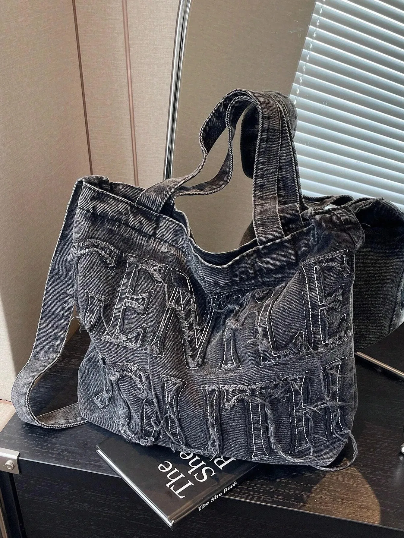 Trendy Canvas Tote Bags, Raw Edge Initial 'N' Denim Shoulder Bag, Large ...