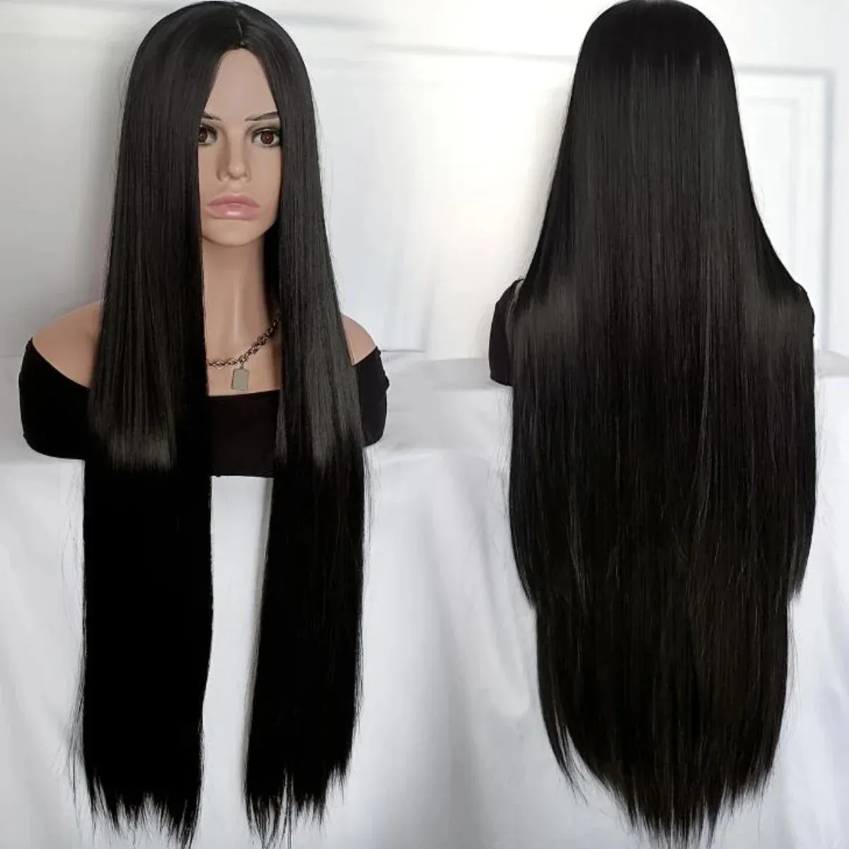 Long Straight Black Wig, 100cm Premium Synthetic Hair - Shop Now! Very ...