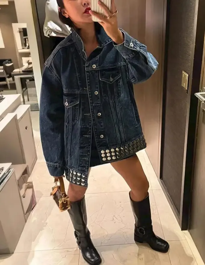 Blue Denim Jacket with Rivet Detail - Unisex, Long Sleeve, Loose Fit ...