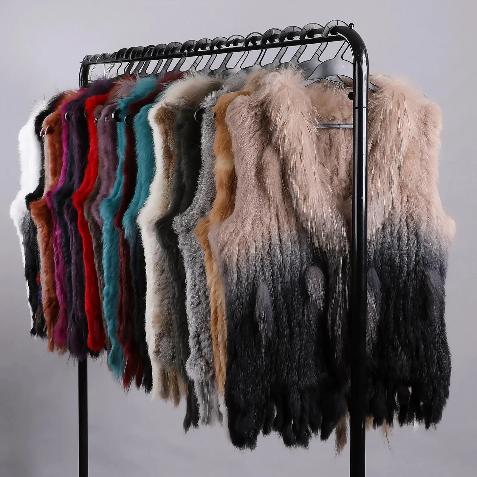 Women's Real Rabbit Fur Knitted Vest with Raccoon Trim - Gold-Plated ...