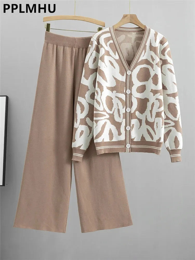 V-neck Leopard Print Cardigan Sets Women Casual Loose Sweater Jackets ...