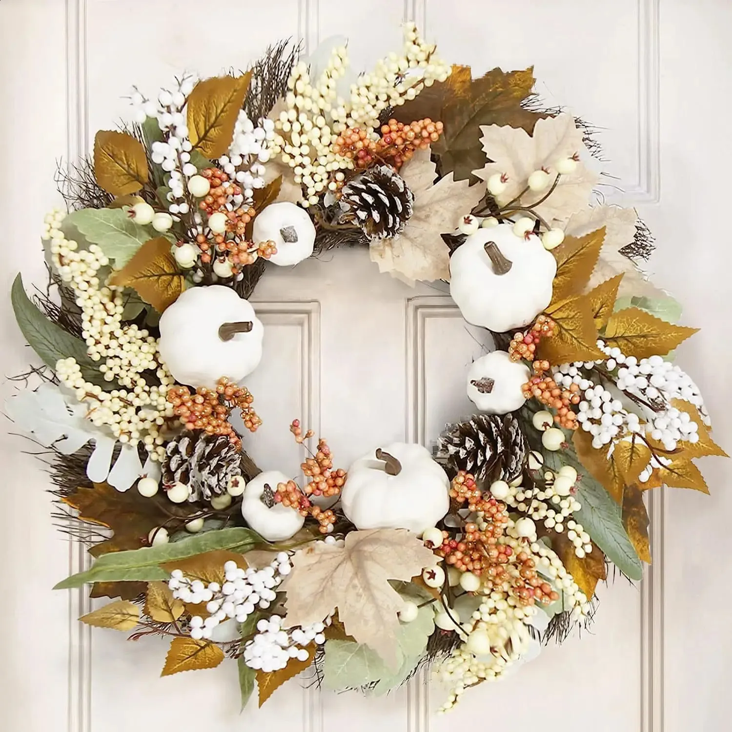 Maple Leaf White Pumpkin Wreath with Rattan Set and Pinecones for Front ...