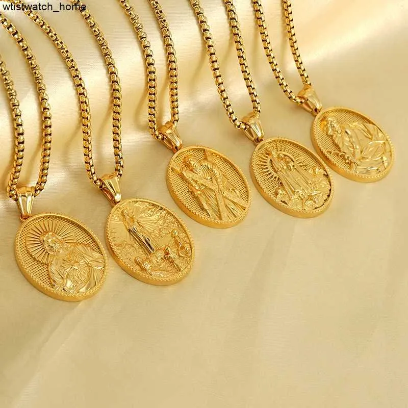 18K Gold Virgin Mary Jesus Cross Gold St Christopher Necklace Pendant ...