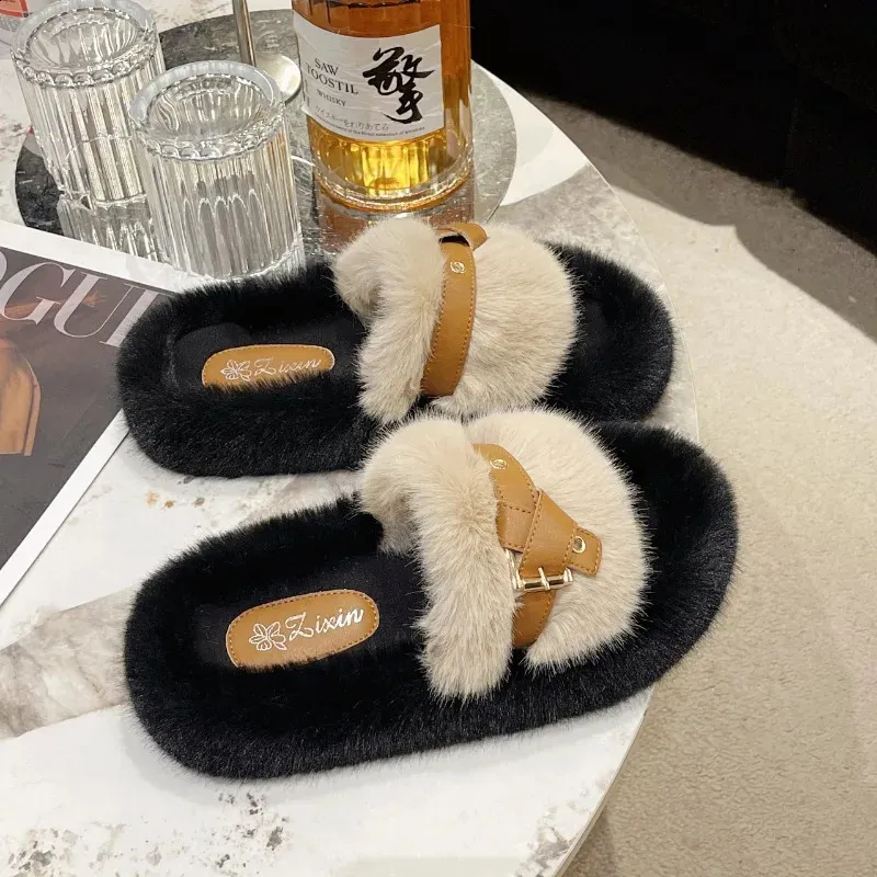 Warm & Cozy: Open Toe Fur Slipper Slides - Premium Comfort for Winter ...