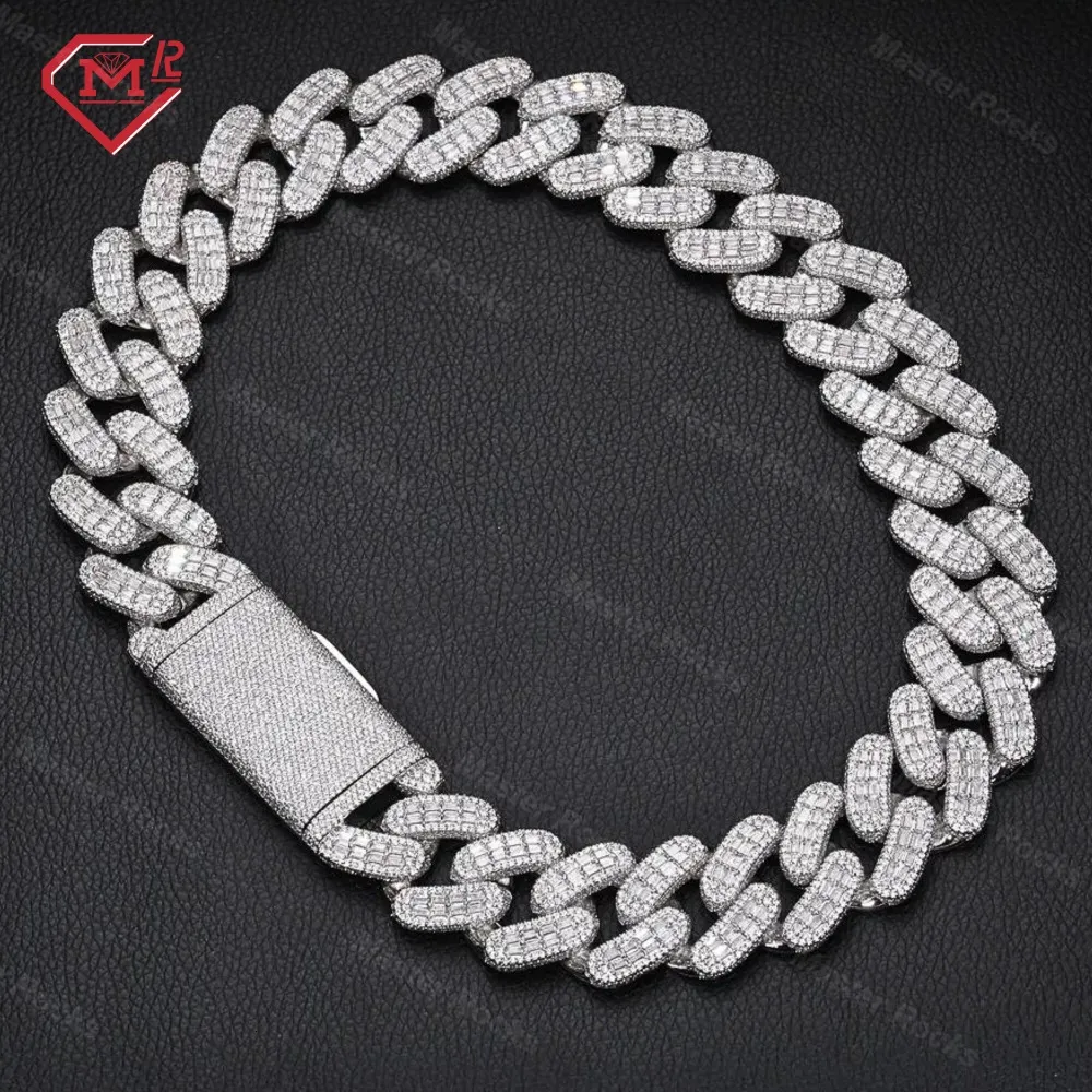 925 Sterling Silver Heavy Big Guy Baguette Cuban Link Chain With Iced ...